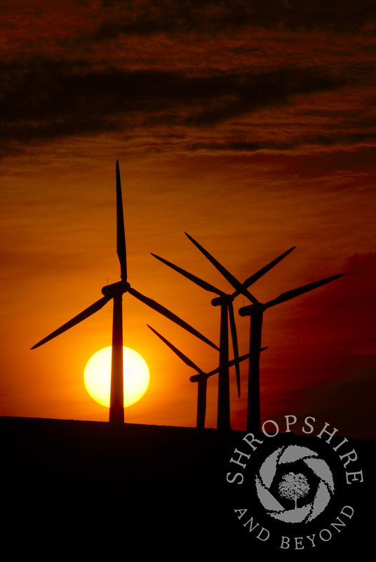 Sunset at Carno Wind Farm in Powys, Mid Wales.